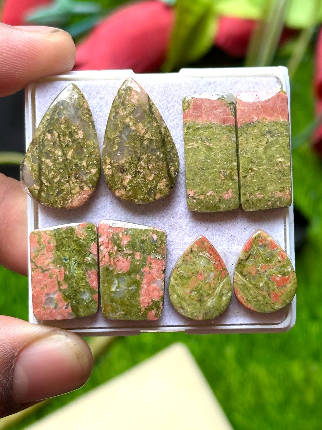 Unakite Cabochon Set (4 Pairs) – 88.70ct Natural Gemstones • Pear ...