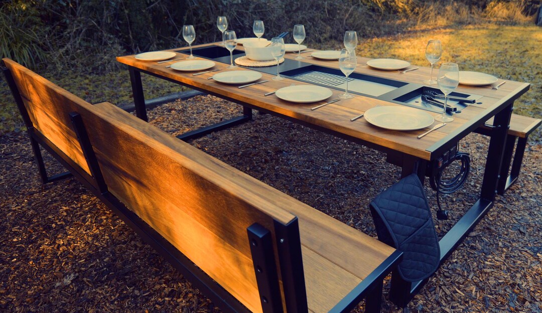 Grill Table & Benches Set - 2.4m Built-in Multifunctional Grill and ...