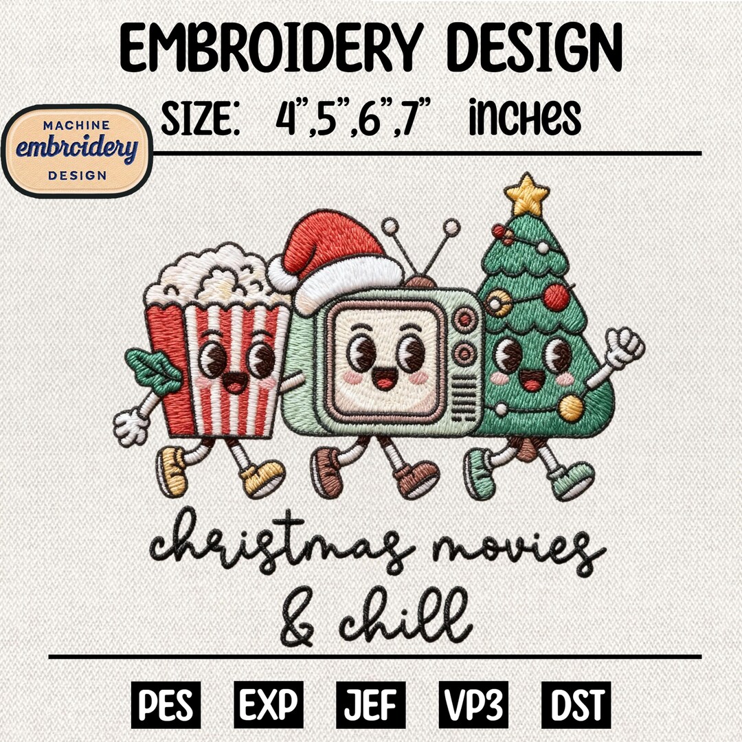 Christmas Movies and Chill Embroidery File, Retro Christmas Movie Night ...