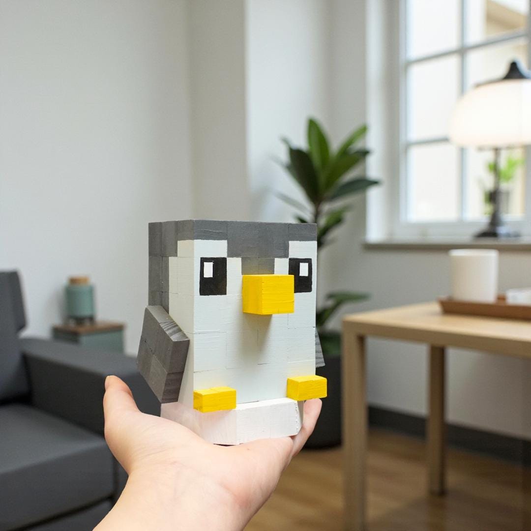 Wooden Penguin Figurine - Handmade, Pixelated, Pre-painted, 8-bit Decor ...