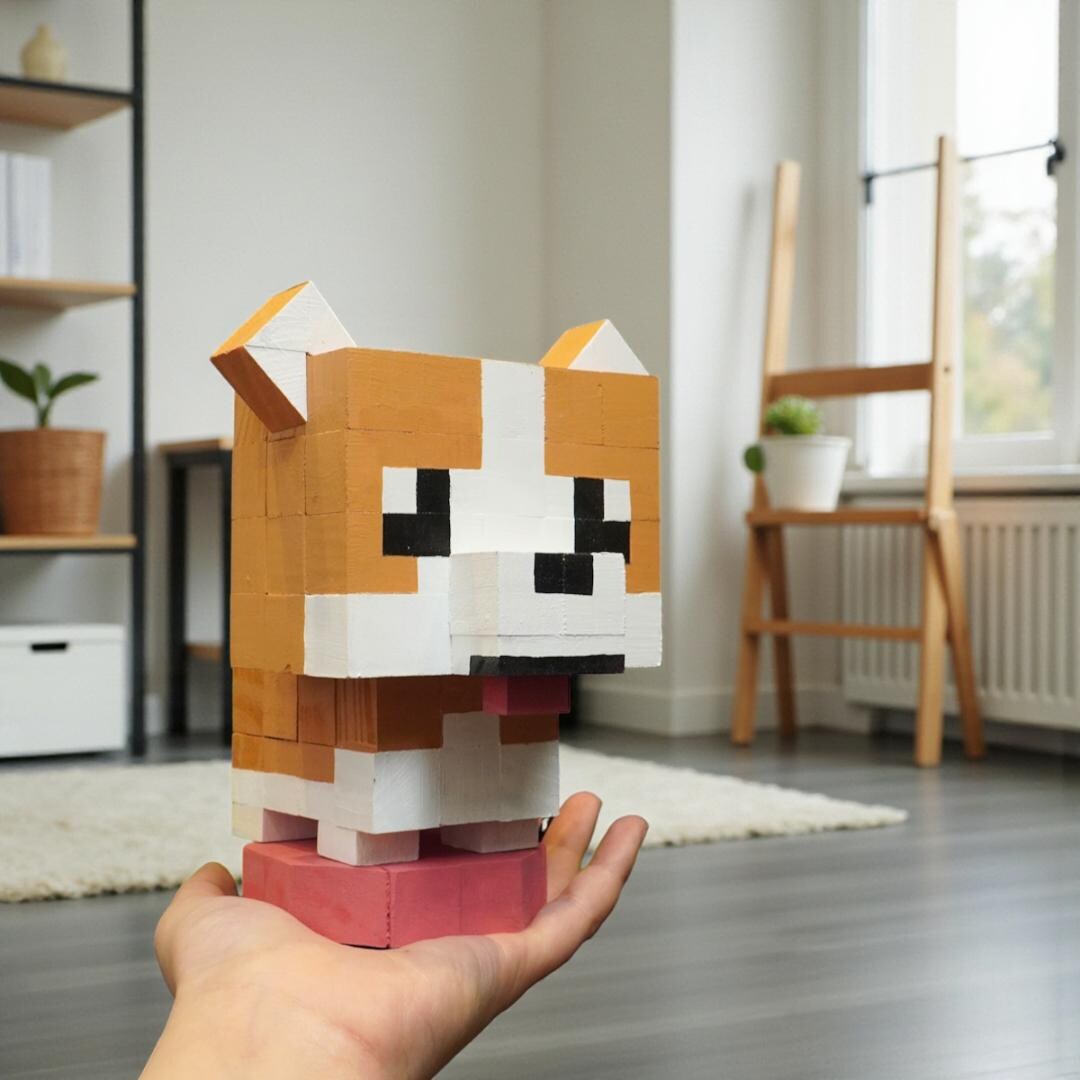 Wooden Corgi Figurine - Handmade, Pixelated, Pre-painted, 8-bit Decor ...