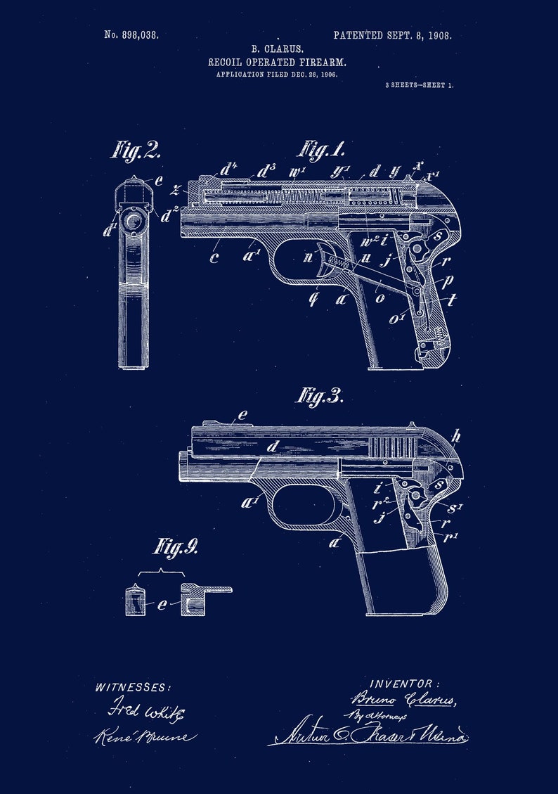 Firearms Patent Posters, Recoil Operated Firearm, Vintage Blueprint ...