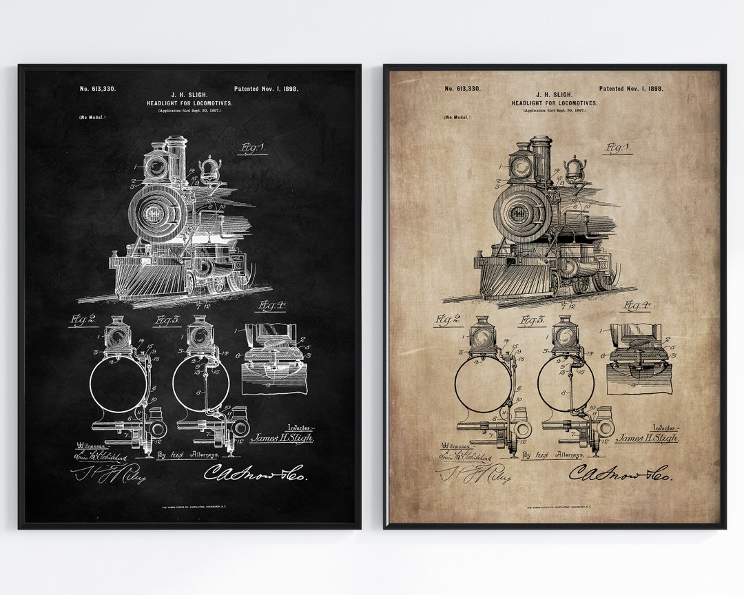 Trains Patent Posters, Headlight for Locomotives, Vintage Blueprint ...