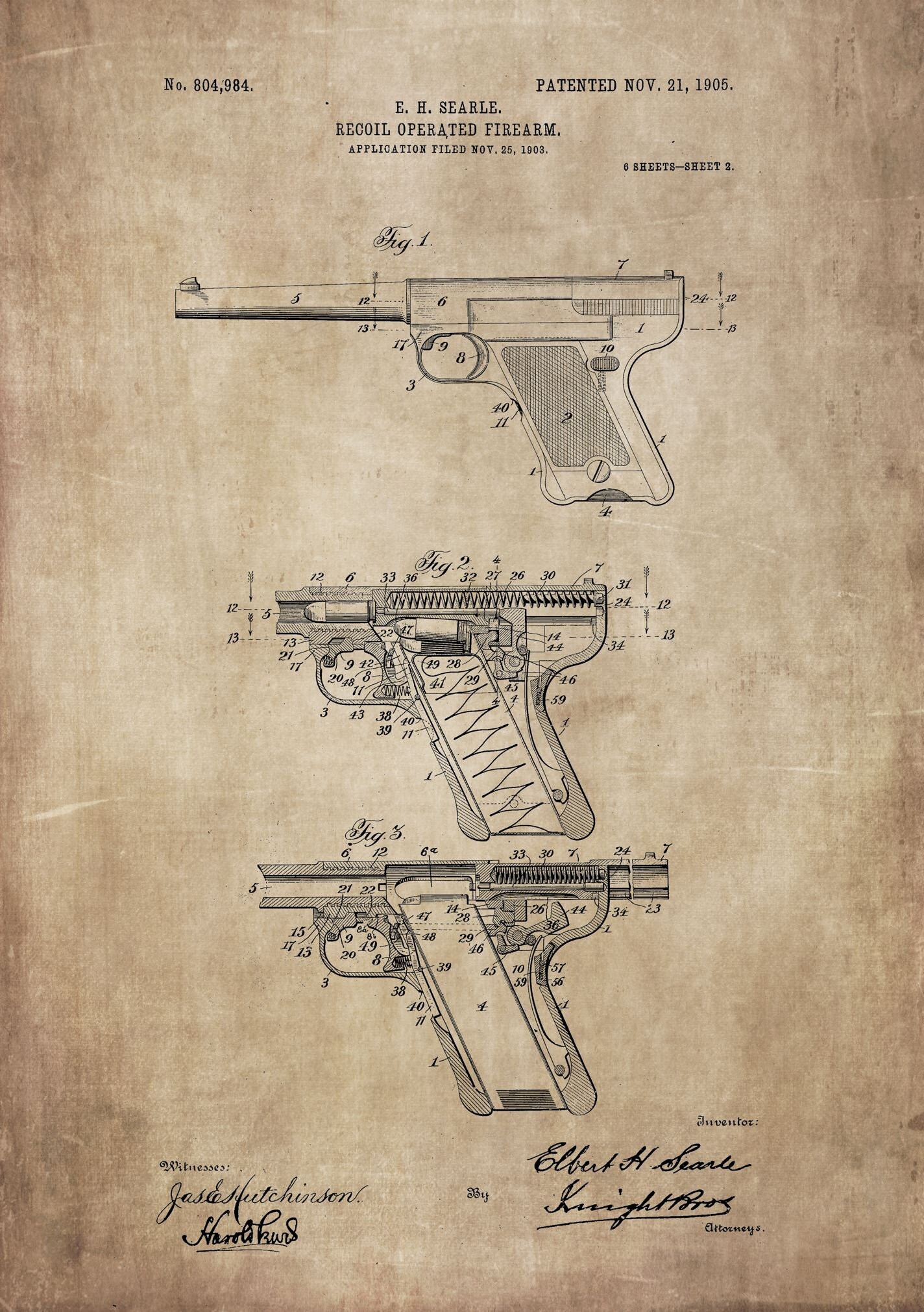 Firearms Patent Posters, Recoil Operated Firearm, Vintage Blueprint ...