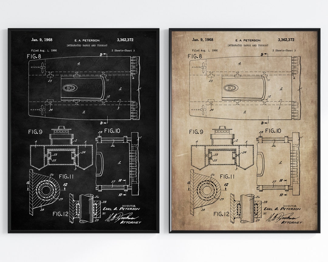 Boat Patent Posters, Tugboat and Barge, Vintage Blueprint Wall Art ...