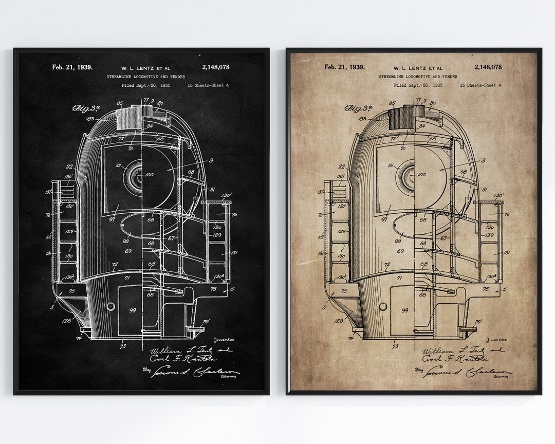 Trains Patent Posters, Streamline Locomotive, Vintage Blueprint Wall ...