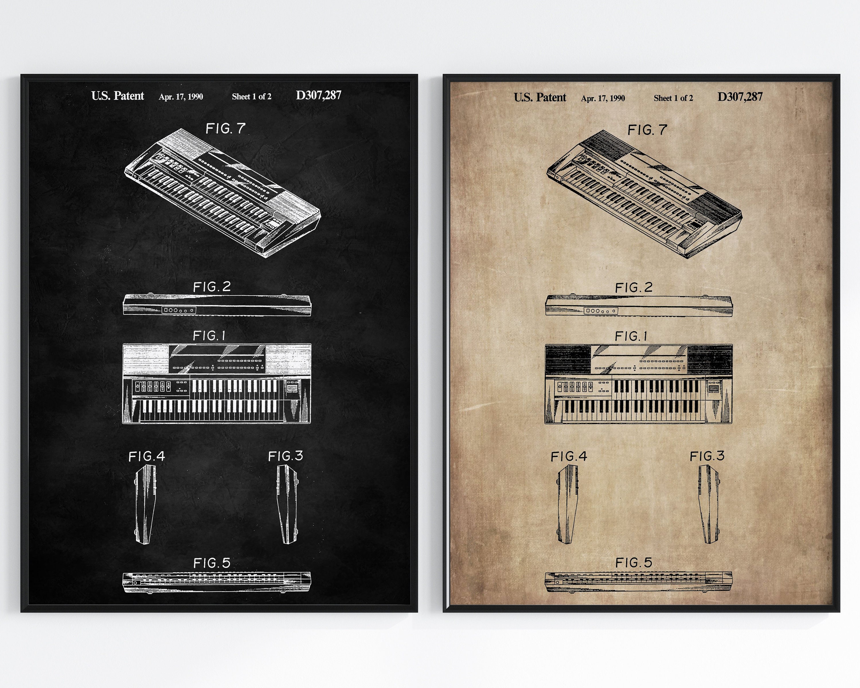 Instrument Patent Posters, Electric Keyboard, Vintage Blueprint Wall ...
