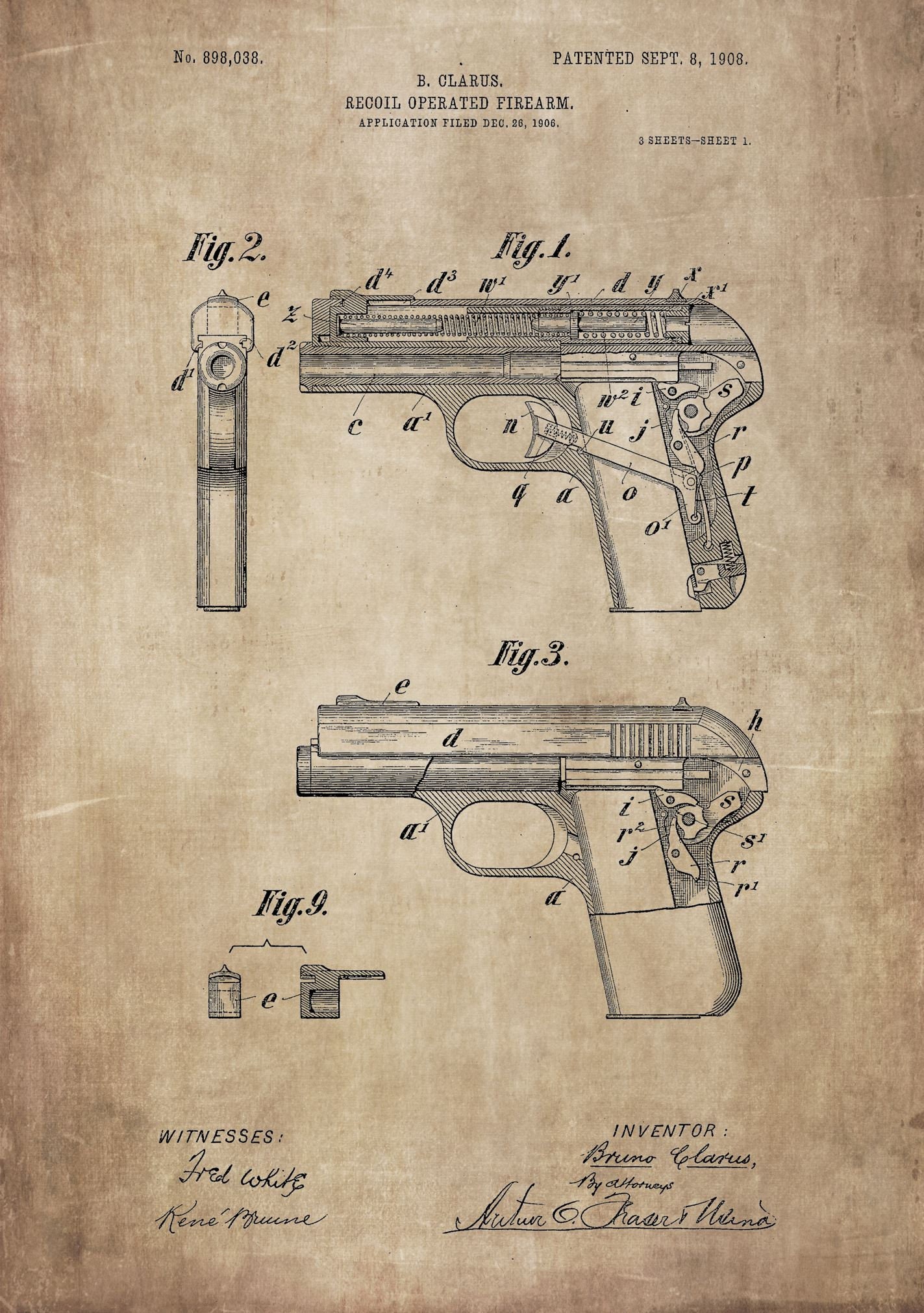 Firearms Patent Posters, Recoil Operated Firearm, Vintage Blueprint ...