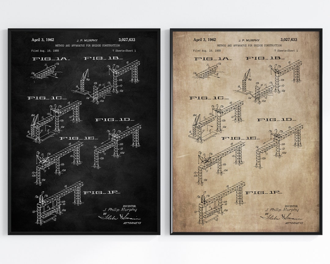 Engineering Patent Posters, Apparatus for Bridge Construction, Vintage ...