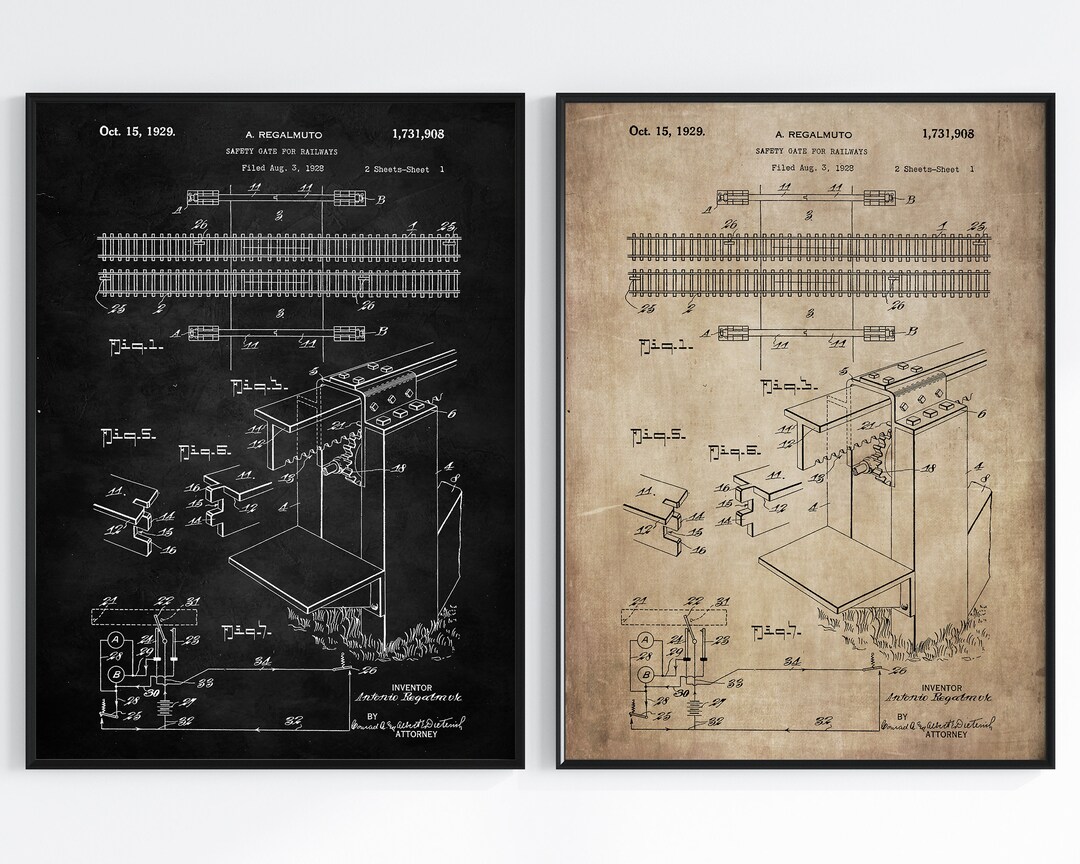 Engineering Patent Posters, Safety Gate for Railways, Vintage Blueprint ...