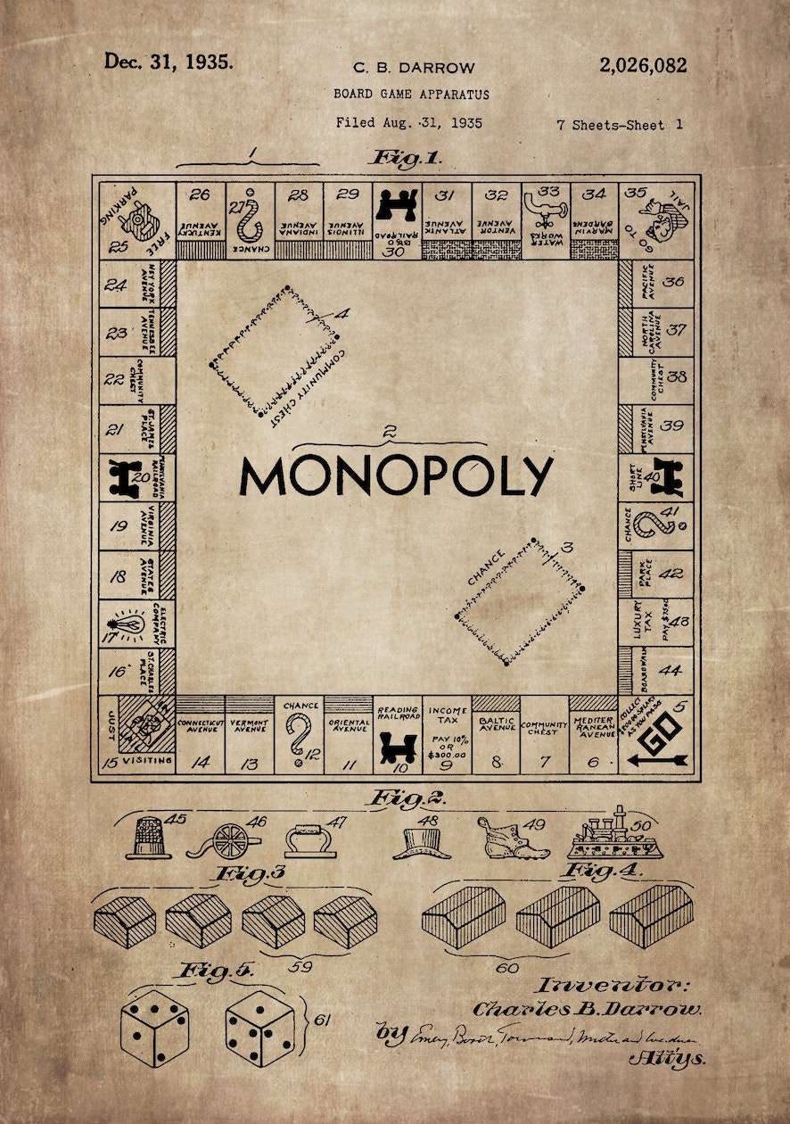 Game Patent Posters, Monopoly, Vintage Blueprint Wall Art, Instant ...
