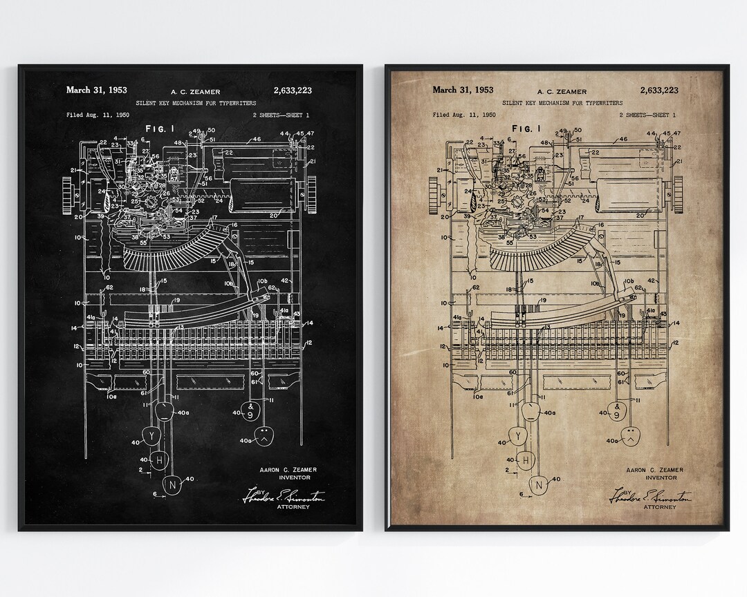 Typewriter Patent Posters, Silent Key Mechanism, Vintage Blueprint Wall ...