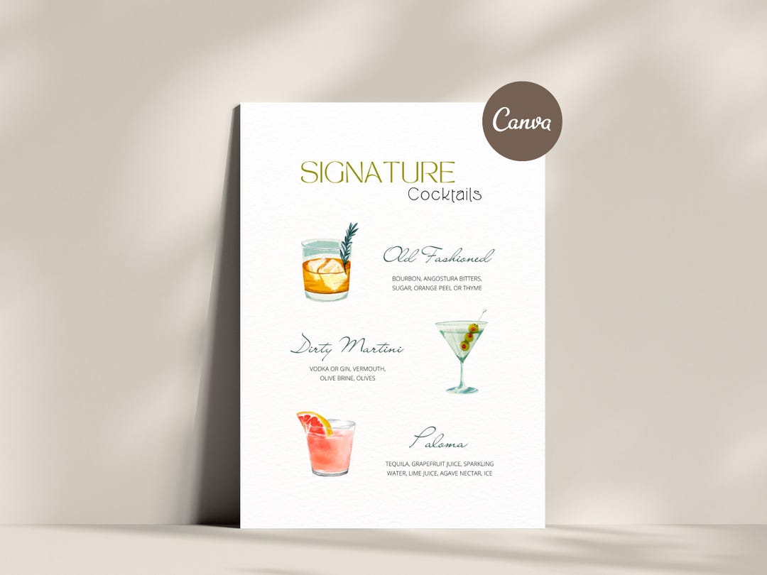 Signature Cocktail Menu Template, Printable Bar Menu, 25 Drink Options ...