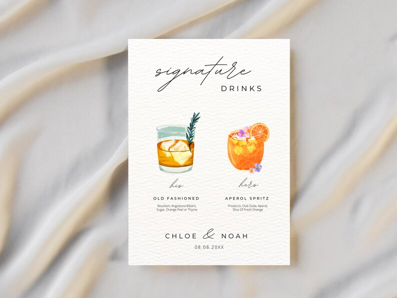 Wedding Signature Drinks Menu, His and Hers Cocktails, Old Fashioned ...