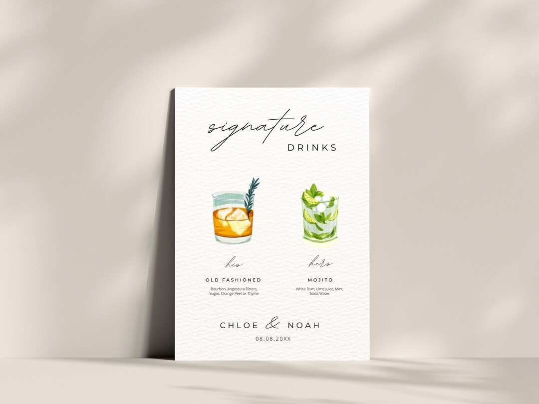 Signature Drinks Menu, His and Hers Cocktails, Watercolor Drinks Design ...