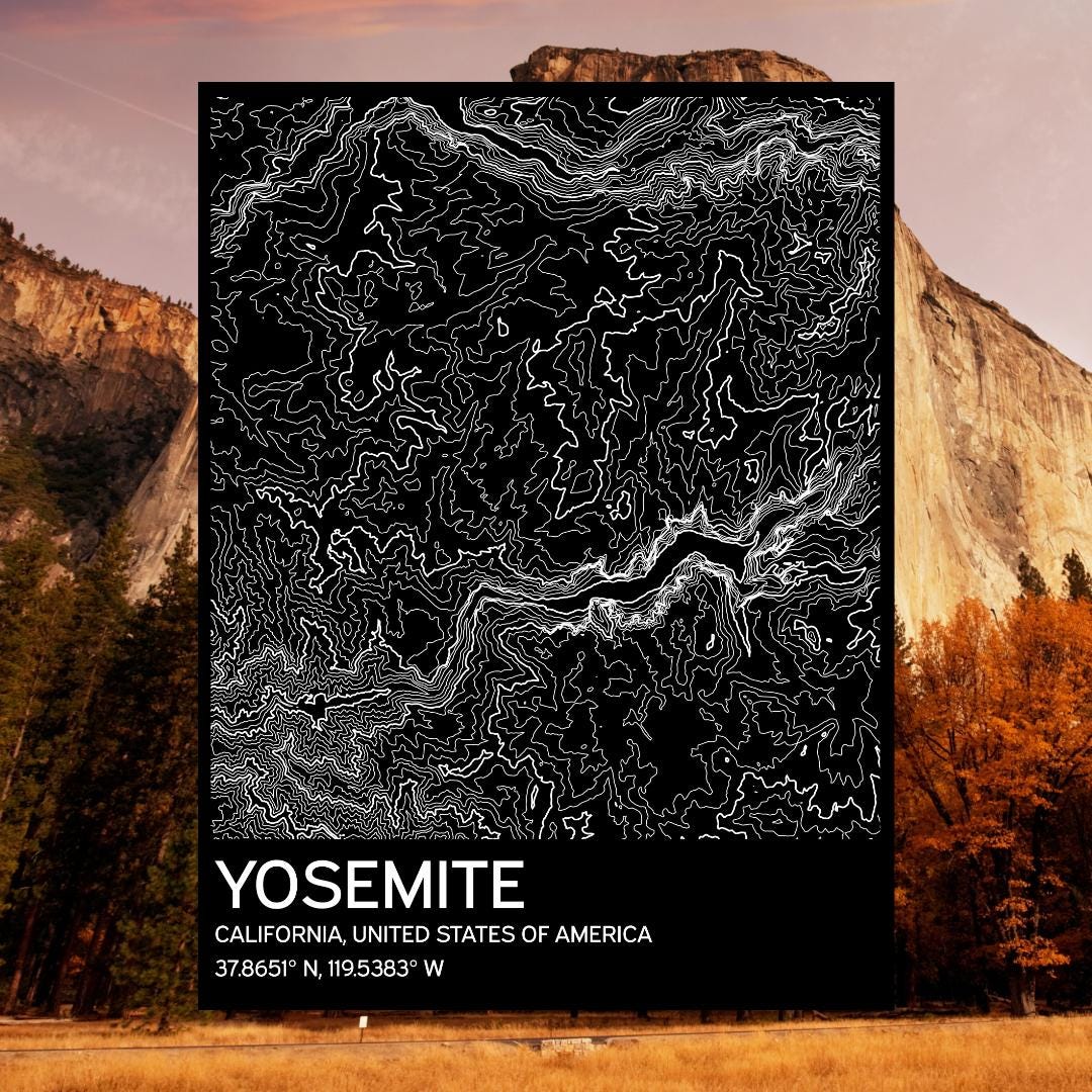 Yosemite National Park Map, Yosemite Print, Topographic Design ...