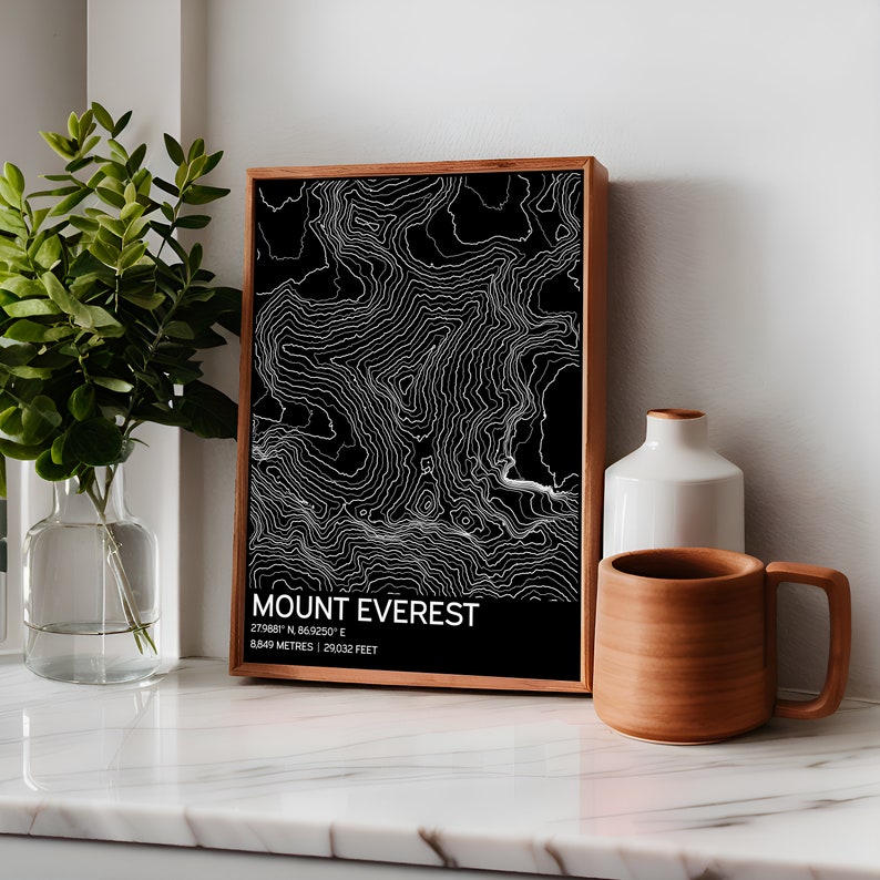 Mount Everest Digital Wall Art, Contour Map Digital Print, Topographic ...