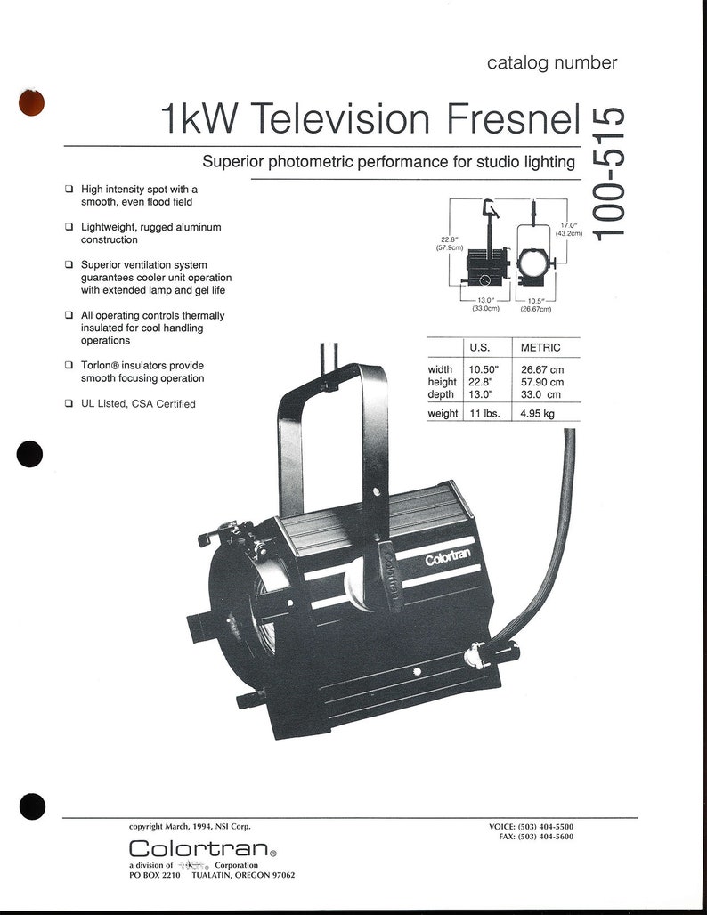 Lee Colortran 1 Kw Fresnel 100-515 Studio Light 1000W With - Etsy