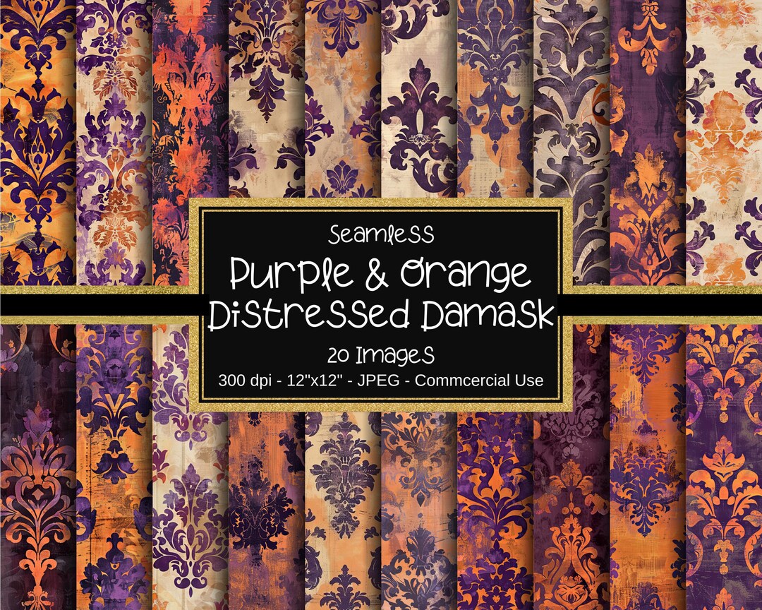 Orange and Purple Damask Seamless Digital Paper, Distressed Vintage ...
