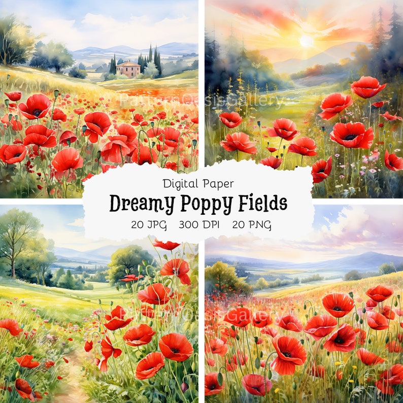 Poppy Field Backgrounds, 20 High Quality Designs, JPG, Digital Planner ...