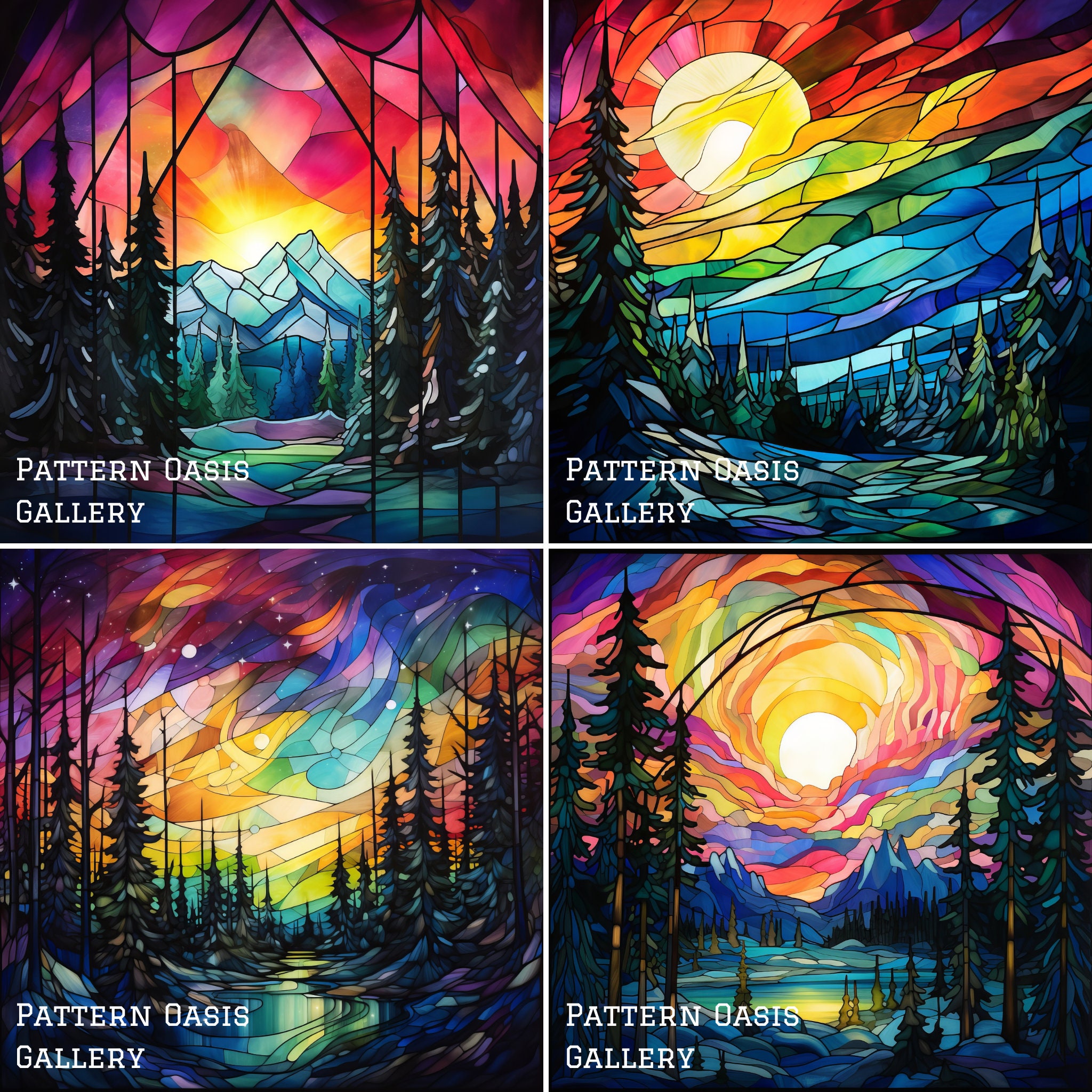 Stained Glass Aurora Borealis Digital Paper, Aurora Stained Glass ...