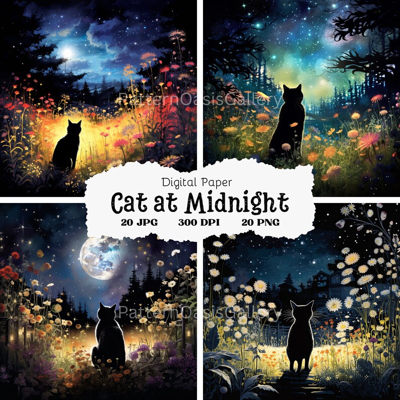 20 Midnight Cats Clipart, Aquarellbilder, Katze um Mitternacht ...