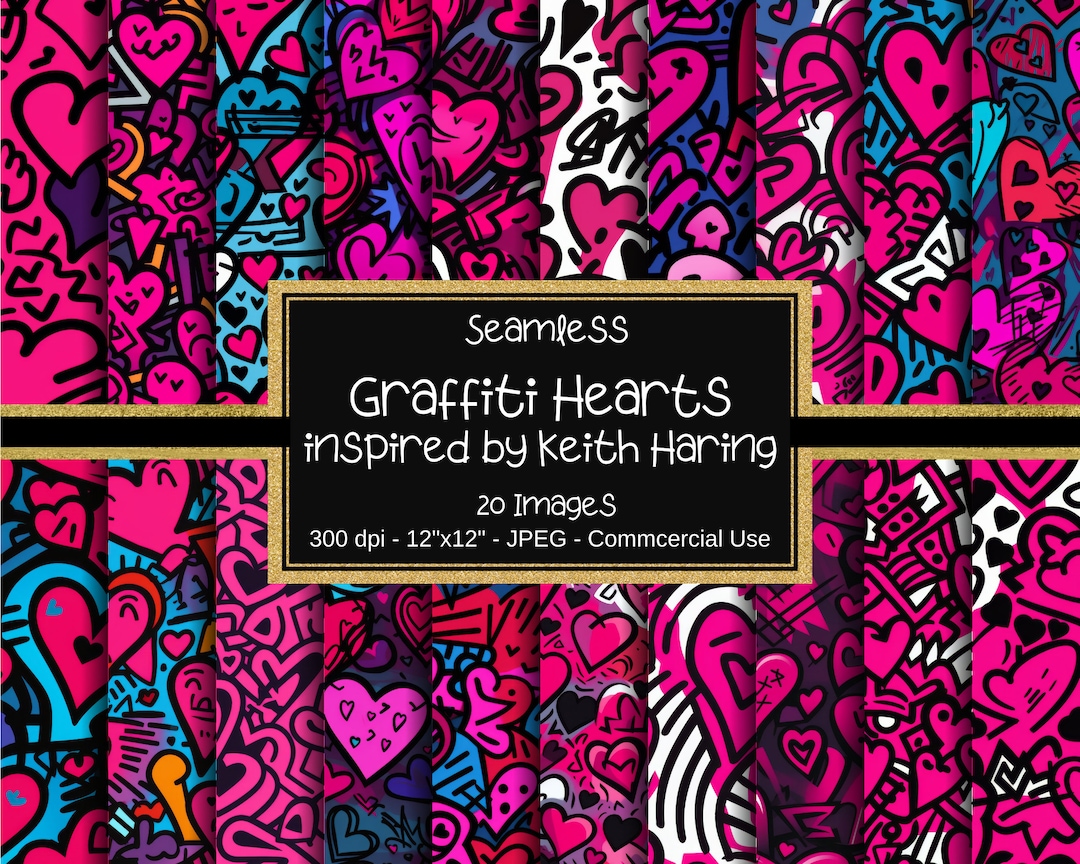 Pink Graffiti Hearts Seamless Pattern, Keith Haring Digital Paper ...