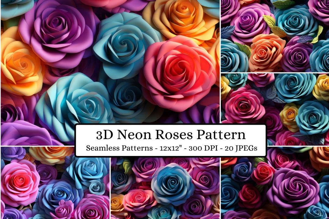 3D Neon Roses Digital Paper Pattern - Seamless Pattern Pack, Instant ...