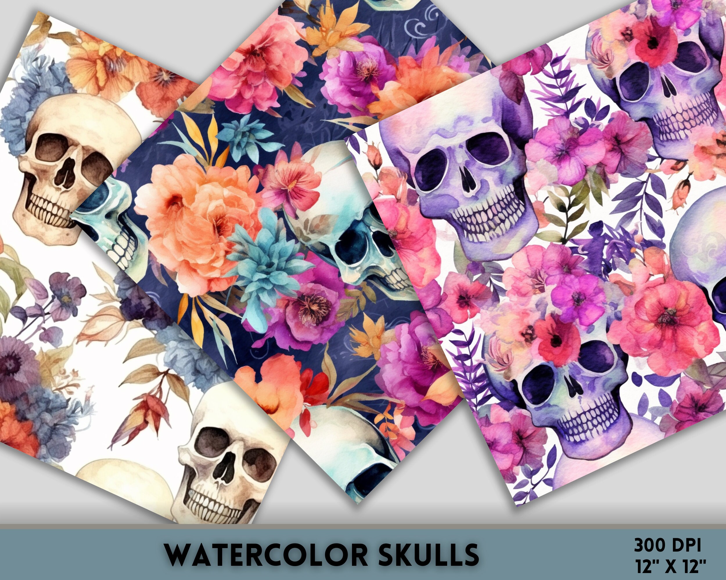 Floral Skulls Digital Papers Set of 20 Watercolor Patterns for ...