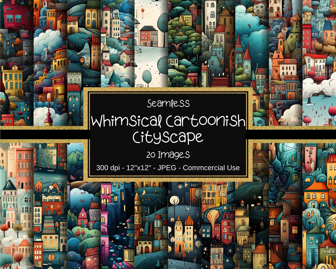 Whimsical Cityscape Seamless Pattern, Cartoonish Cityscape Seamless ...
