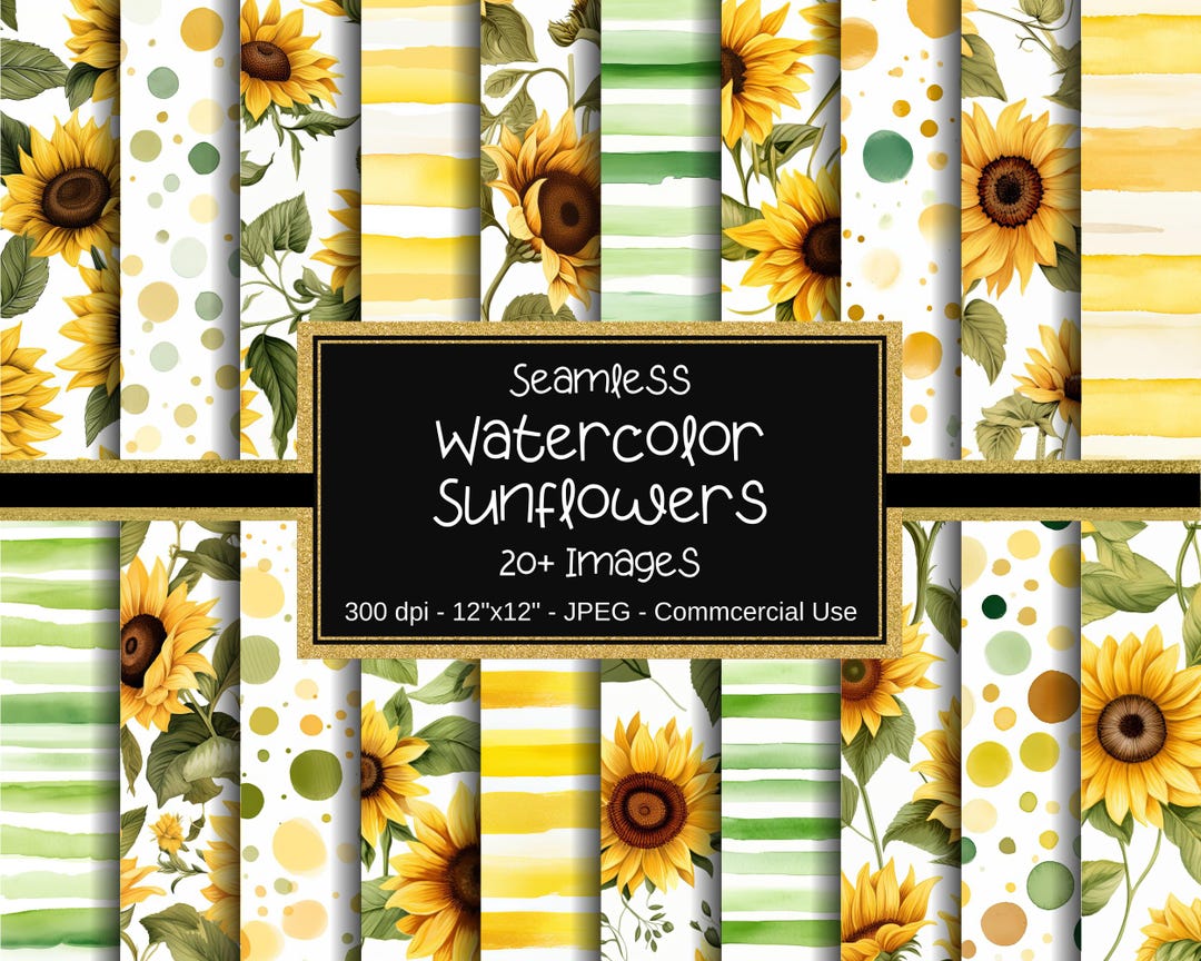 Watercolor Sunflowers Seamless Digital Papers, Flower Backgrounds, 20 ...