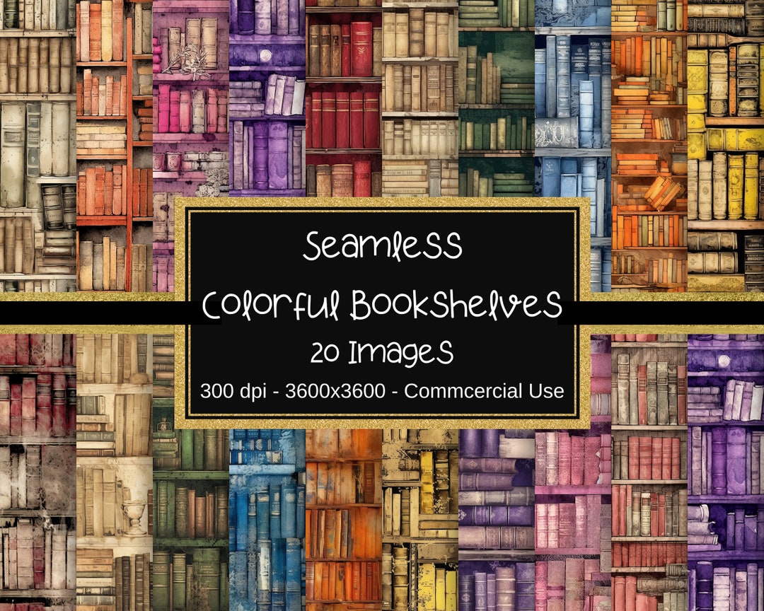 Bookshelf Digital Paper Pack - Distressed and Vintage, Colorful ...