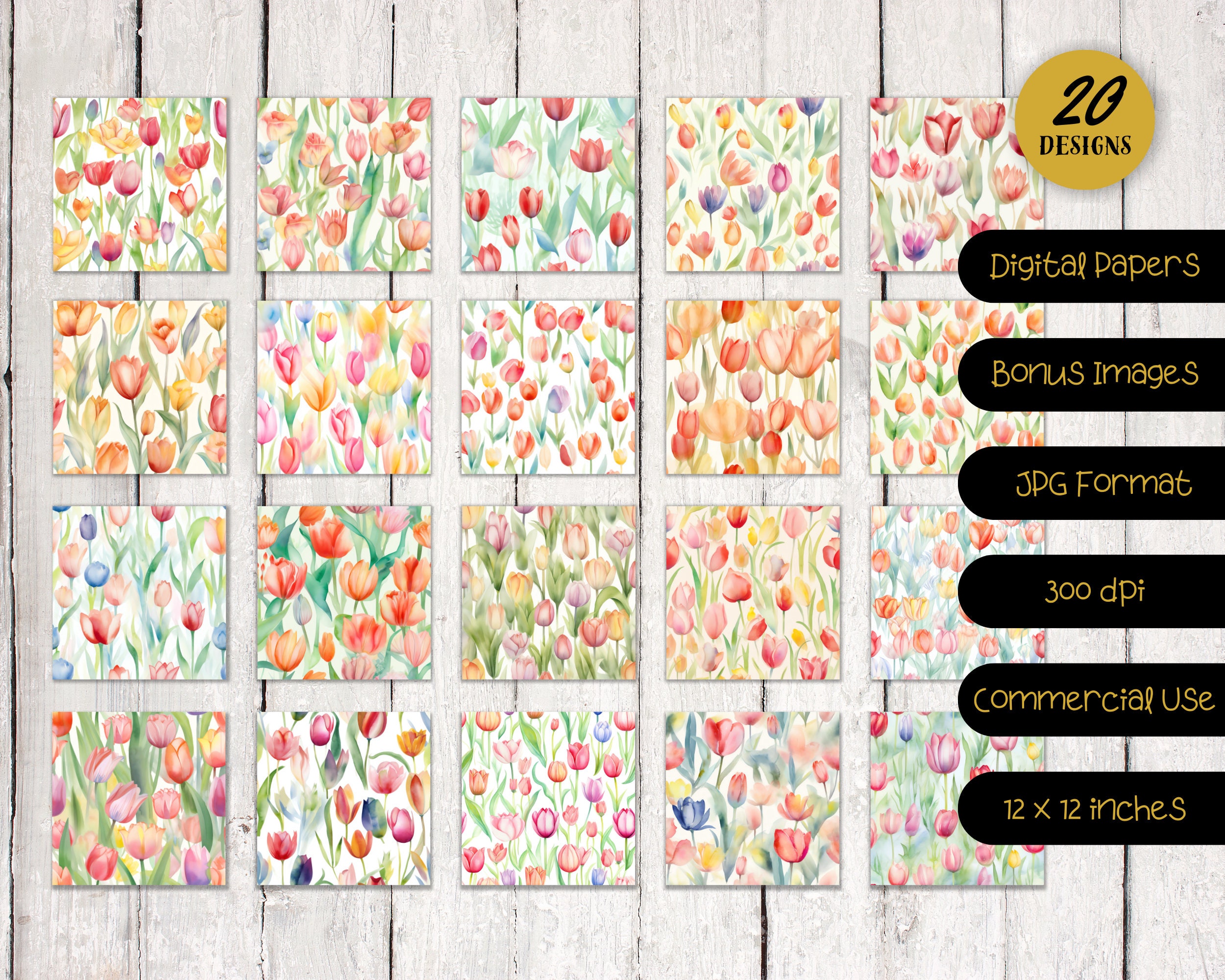 Watercolor Tulips Digital Papers, Seamless Tulip Patterns, Floral ...
