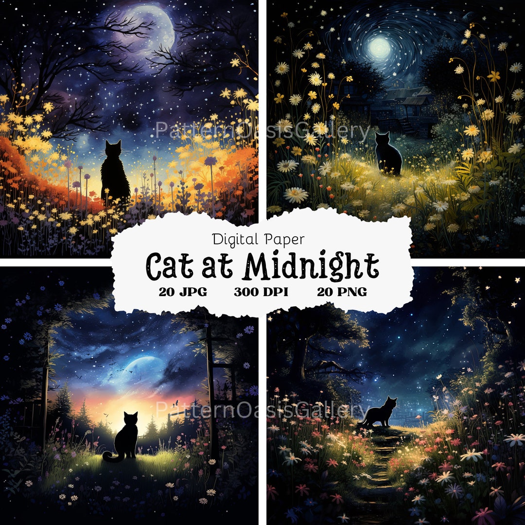 20 Midnight Cats Clipart, Cat at Midnight Images, Watercolor Images ...