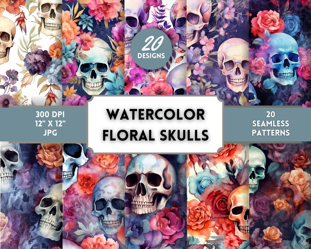 Floral Skulls Digital Papers Set of 20 Watercolor Patterns for ...