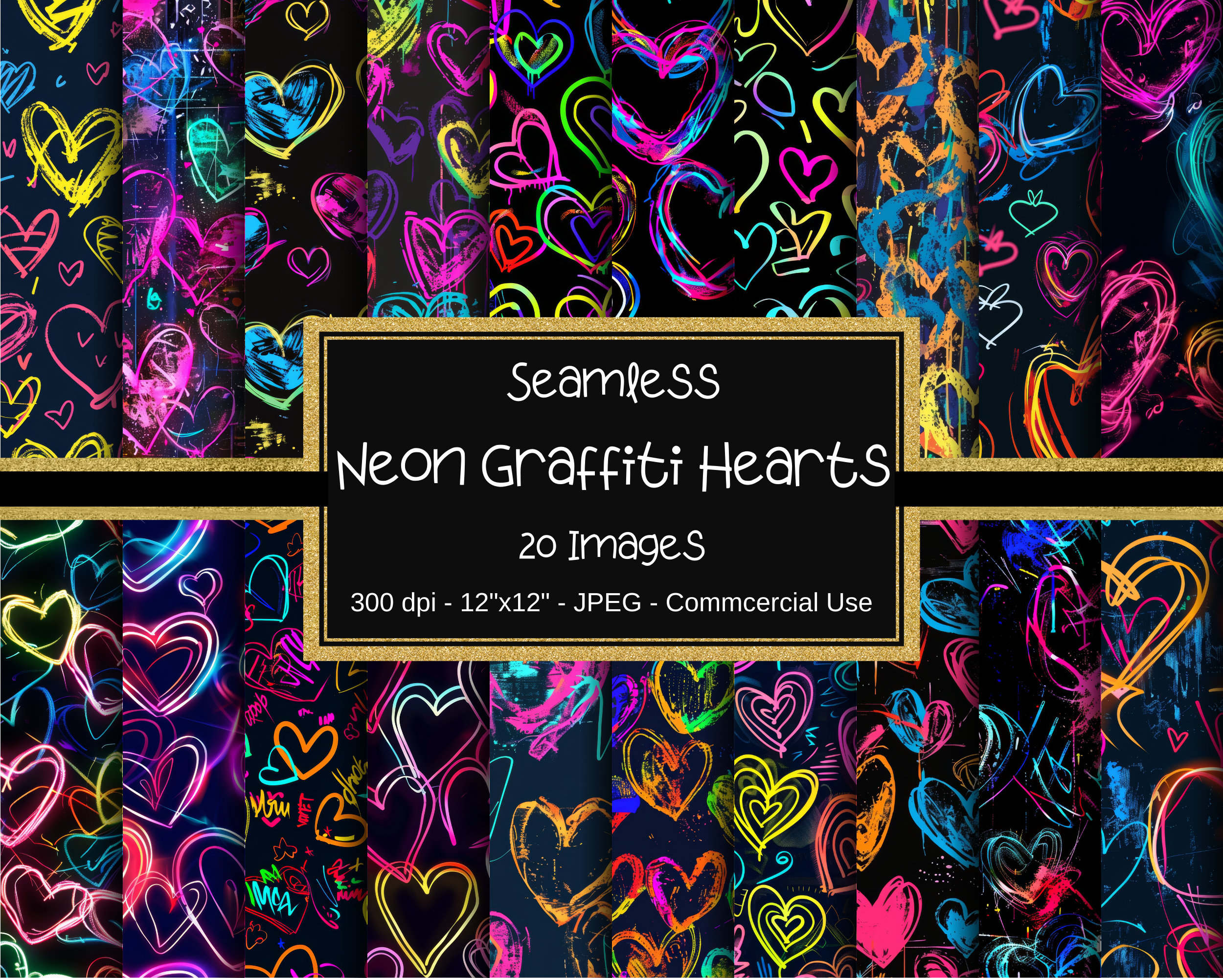Neon Graffiti Hearts Seamless Digital Paper, Neon Graffiti Backgrounds ...