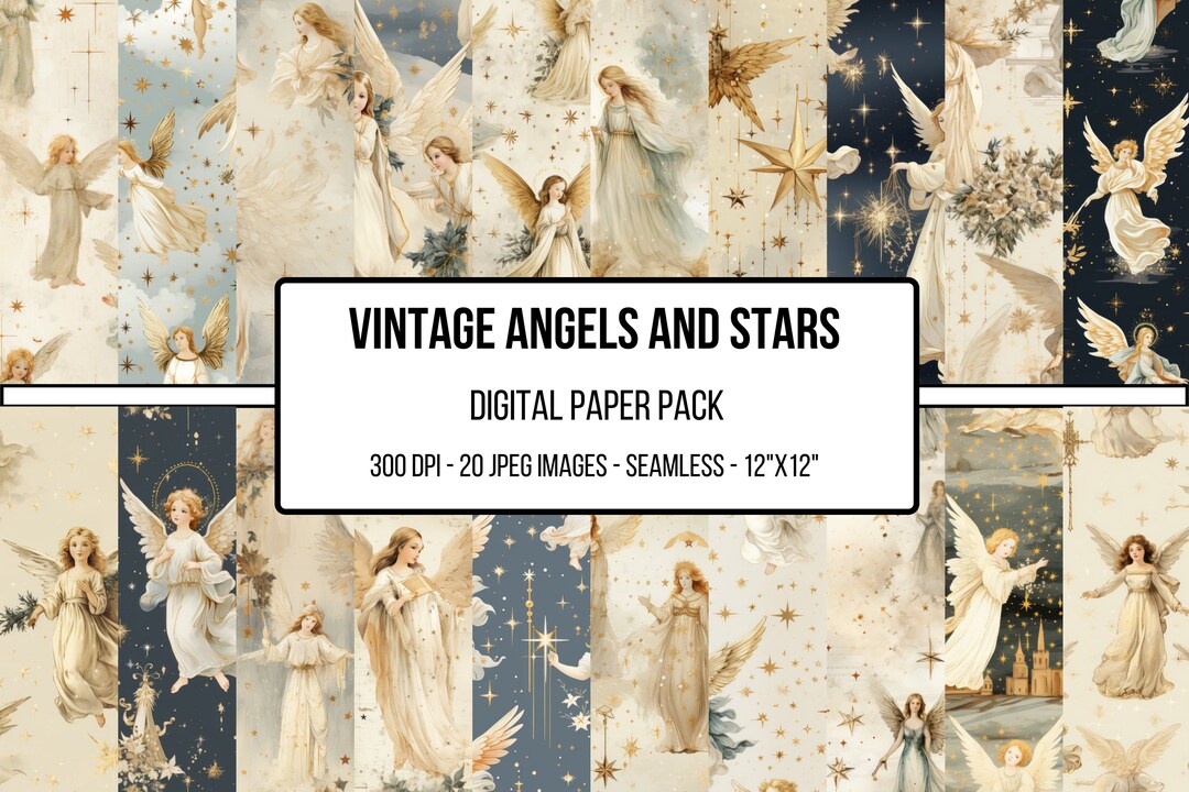 Angels and Stars Vintage Digital Paper Pack Set of 20, Instant Download ...