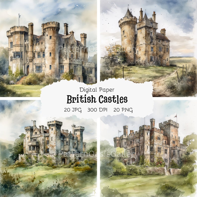 British Castles Watercolor Clipart, Medieval Landscape (digital ...