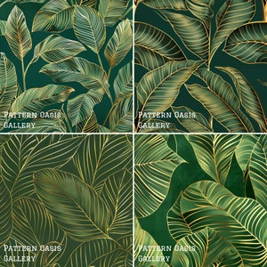 Green and Gold Tropical Leaves SEAMLESS Digital Paper, Jungle Leave ...