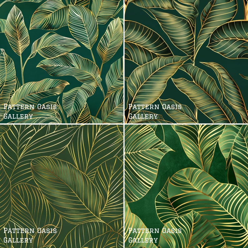 Green and Gold Tropical Leaves SEAMLESS Digital Paper, Jungle Leave ...