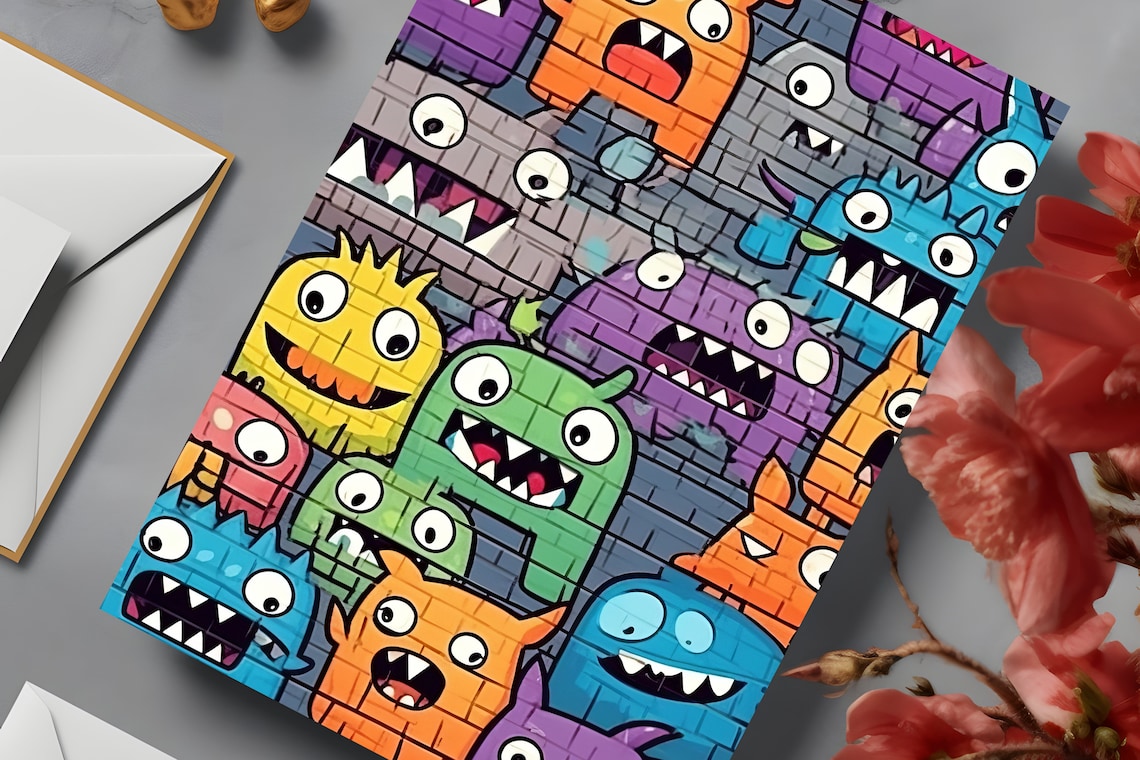 Monster Graffiti Wall Digital Paper, Colorful Distressed Backgrounds ...