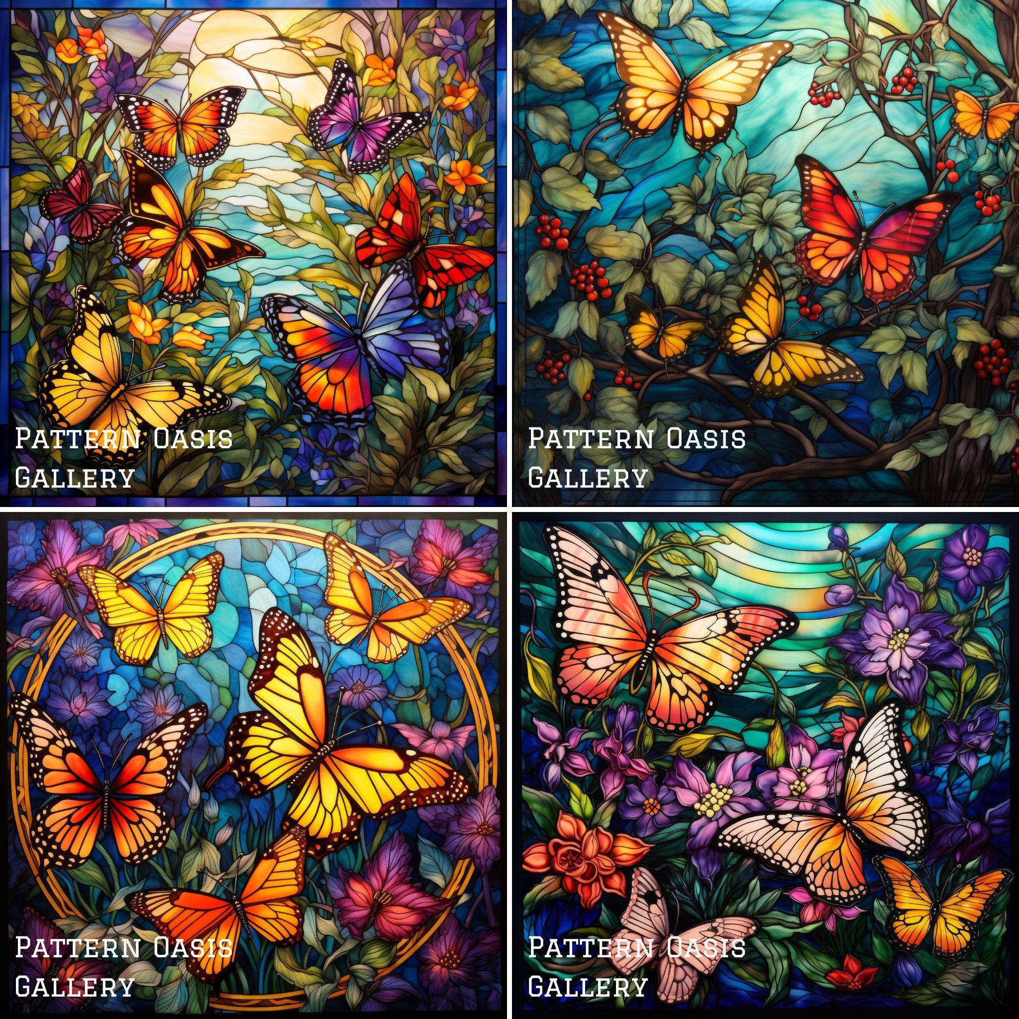 Stained Glass Butterflies Digital Paper, Butterfly Stained Glass ...