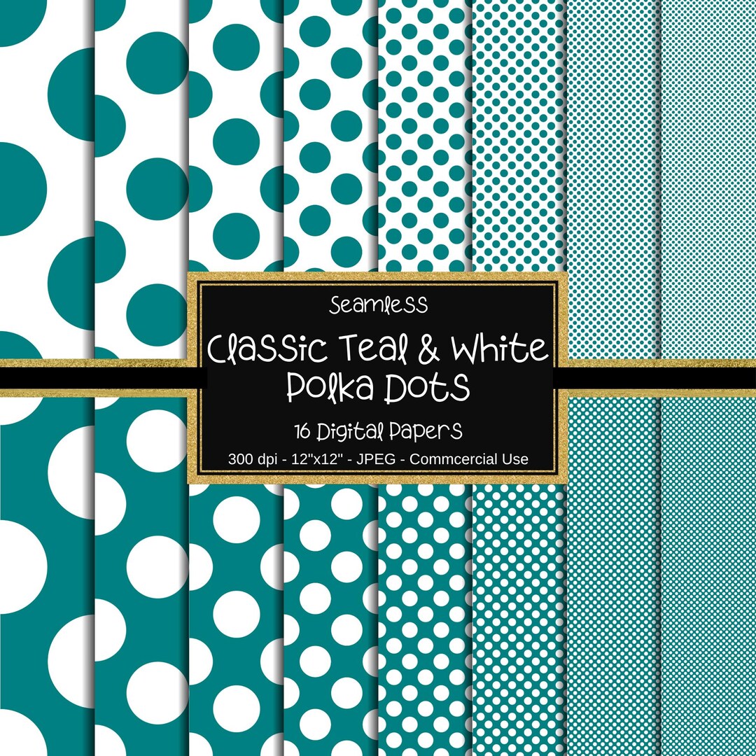 Teal Polka Dot Digital Paper, Seamless Dotted Background (12x12", JPEG ...