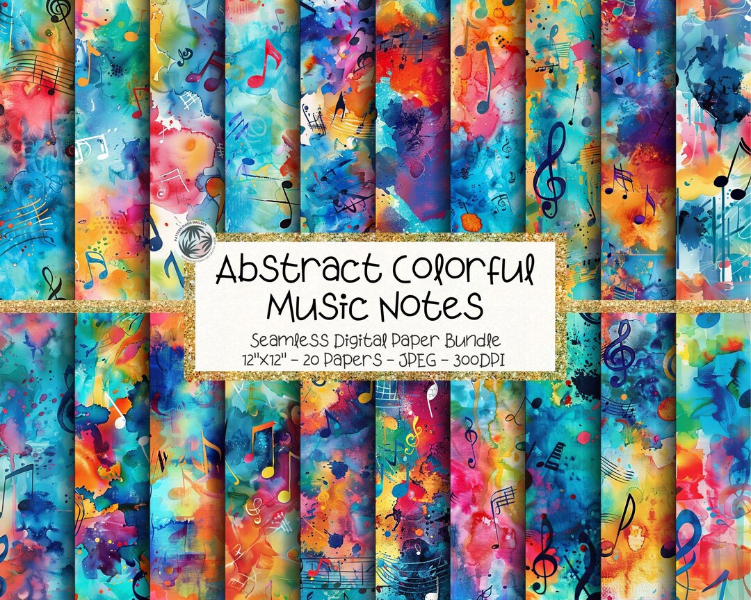 Music Notes Digital Paper Bundle, Seamless Colorful Watercolor Abstract ...