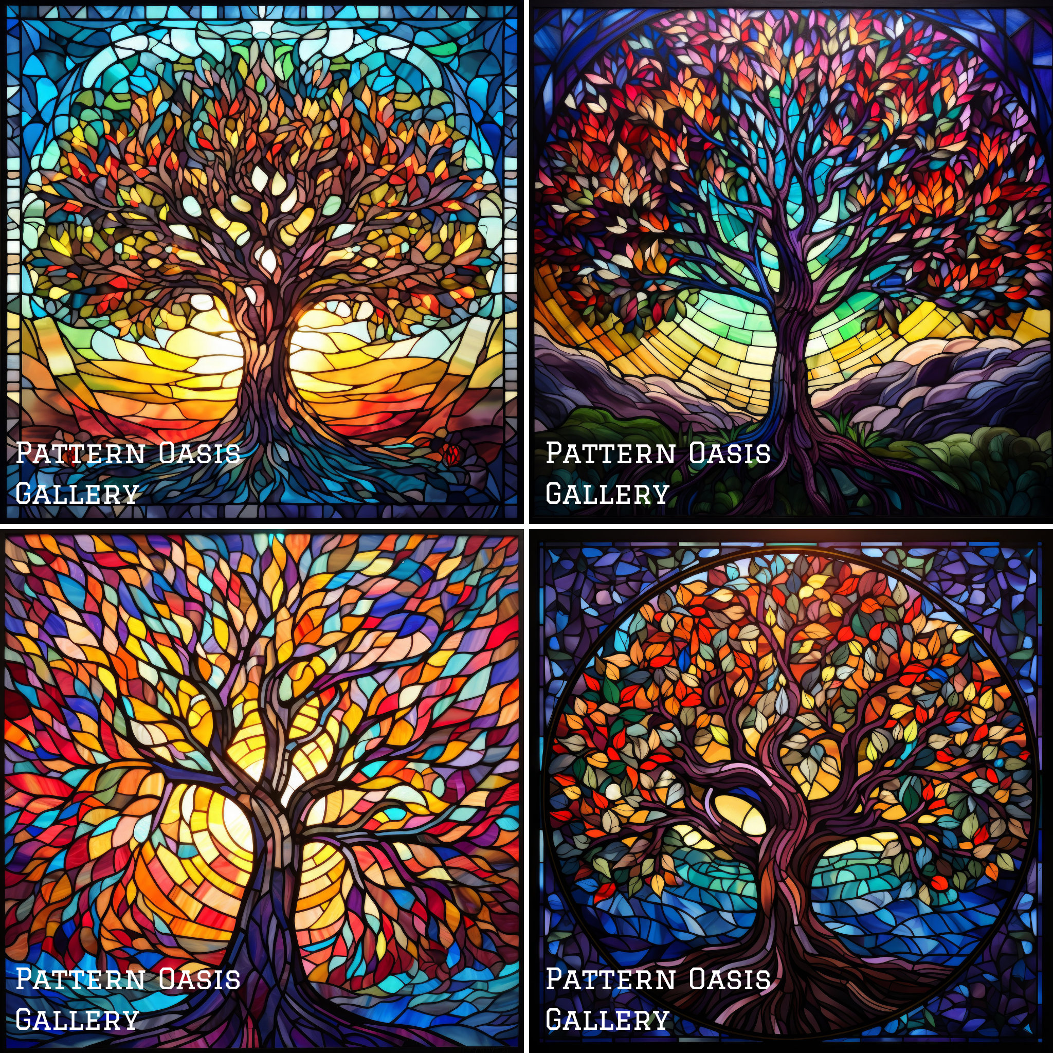 Stained Glass Tree of Life Digital Paper, Trees Stained Glass ...