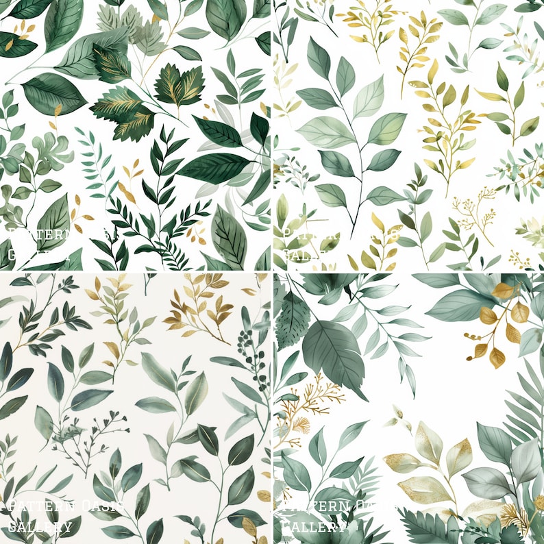 Seamless Watercolor Gentle Leaves Digital Paper, Green, Sage and Gold ...
