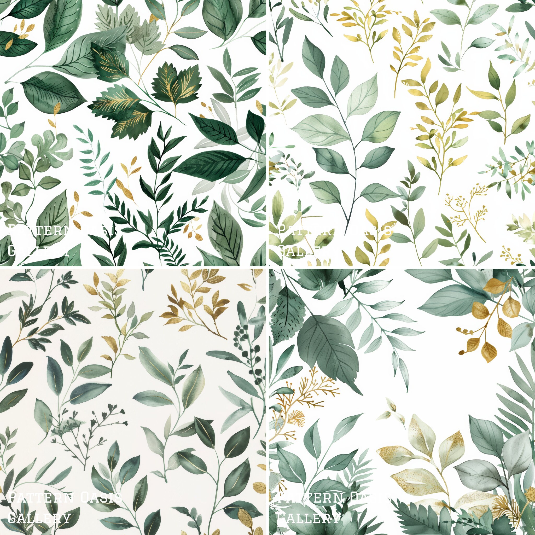 Seamless Watercolor Gentle Leaves Digital Paper, Green, Sage and Gold ...