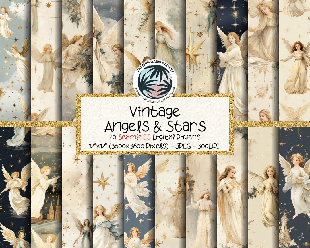 Angels and Stars Vintage Digital Paper Pack - Set of 20, Instant ...