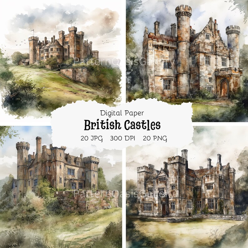 British Castles Watercolor Clipart, Medieval Landscape (digital ...