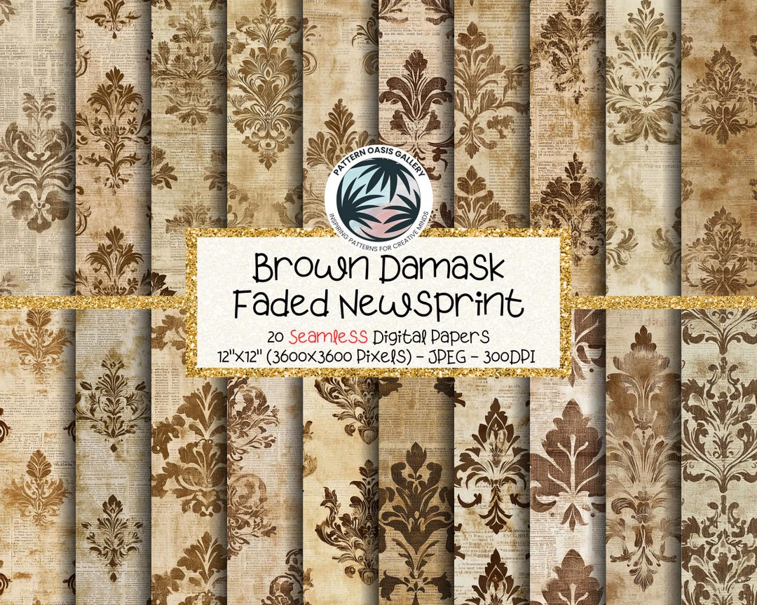 Vintage Brown Damask Seamless Digital Paper: Faded Newsprint, Antique ...